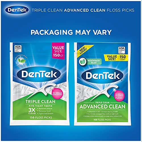 DenTek Triple Clean Advanced Clean Floss Picks, No Break & No Shred Floss, 150 Count