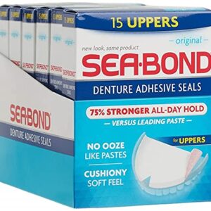 Sea-Bond Secure Denture Adhesive Seals, Original Uppers, Zinc Free, All Day Hold, Mess Free, 15 Count- Pack of 6 ( 90 Total Uppers)