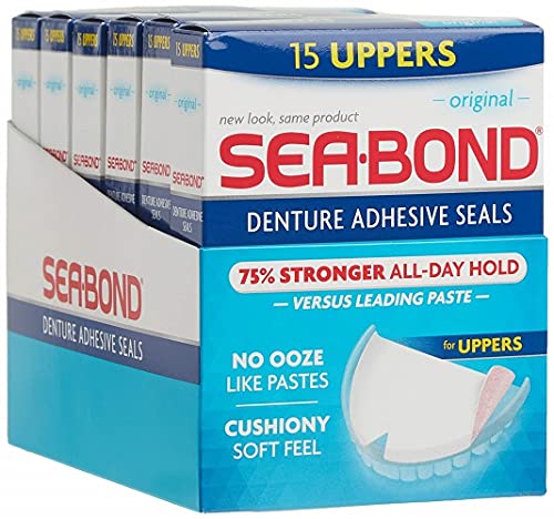 Sea-Bond Secure Denture Adhesive Seals, Original Uppers, Zinc Free, All Day Hold, Mess Free, 15 Count- Pack of 6 ( 90 Total Uppers)