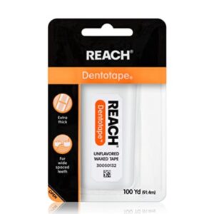 Reach Dentotape Waxed Dental Floss | Effective Plaque Removal, Extra Wide Cleaning Surface | Shred Resistance & Tension, Slides Smoothly & Easily, PFAS FREE | Unflavored, 100 Yards, 1 Pack