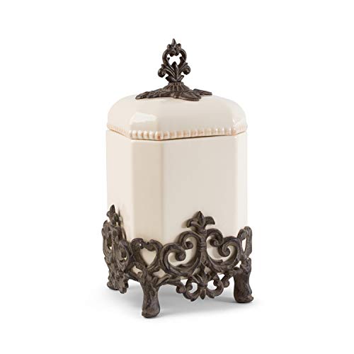 14-Inch Tall Provencial Cream Canister with Brown Metal Scrolled Base