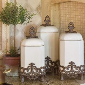 14-Inch Tall Provencial Cream Canister with Brown Metal Scrolled Base