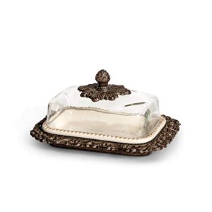 cream ceramic butter dish with metal work in acanthus leaf design