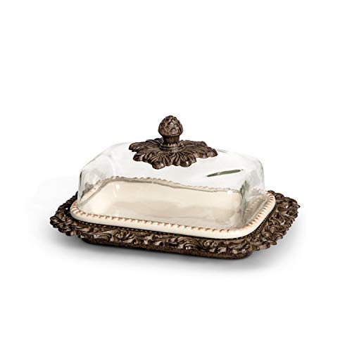 Cream Ceramic Butter Dish with Metal Work in Acanthus Leaf Design