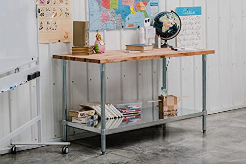 John Boos JNS10 Maple Top Work Table with Galvanized Steel Base and Adjustable Galvanized Lower Shelf, 60" Long x 30" Wide x 1-1/2" Thick