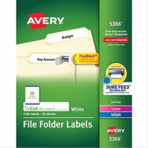 avery file folder labels for laser and ink jet printers with trueblock technology, 3.4375 x .66 inches, white, box of 1500 (5366)