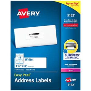 avery easy peel mailing labels for laser printers, 1.33 x 4 inches, 14-up, white, box of 1400 (05162)