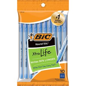 bic round stic xtra life blue ballpoint pens, medium point (1.0mm), 10-count pack of bulk pens, flexible round barrel for writing comfort, no. 1 selling ballpoint pens