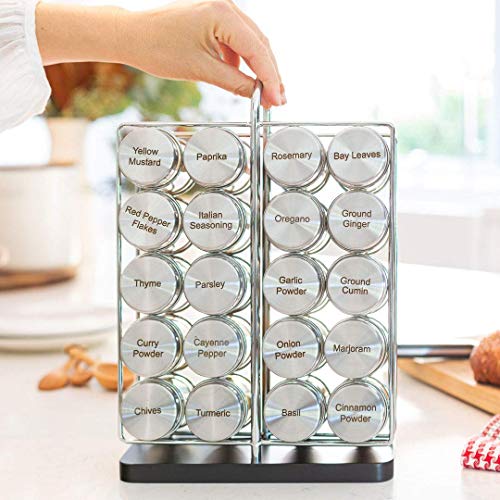 orii 20 Jar Spice Rack Stainless Steel Filled with Spices - Standing Rack Shelf Holder & Countertop Spice Rack Tower Organizer for Kitchen Spices with Free Spice Refills for 5 Years