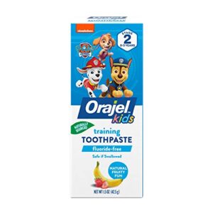 orajel kids paw patrol fluoride-free training toothpaste, natural fruity fun flavor, #1 pediatrician recommended fluoride-free toothpaste, 1.5oz tube