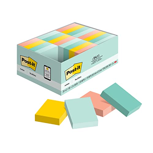 Post-it Notes, 1.5x2 in, 24 Pads, America's #1 Favorite Sticky Notes, Beachside Café Collection, Pastel Colors, Clean Removal, Recyclable (654-14AU)