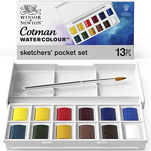 Winsor & Newton Cotman Water Colour Paint Sketchers' Pocket Box, Half Pans, 13 count (12 colors and a brush)