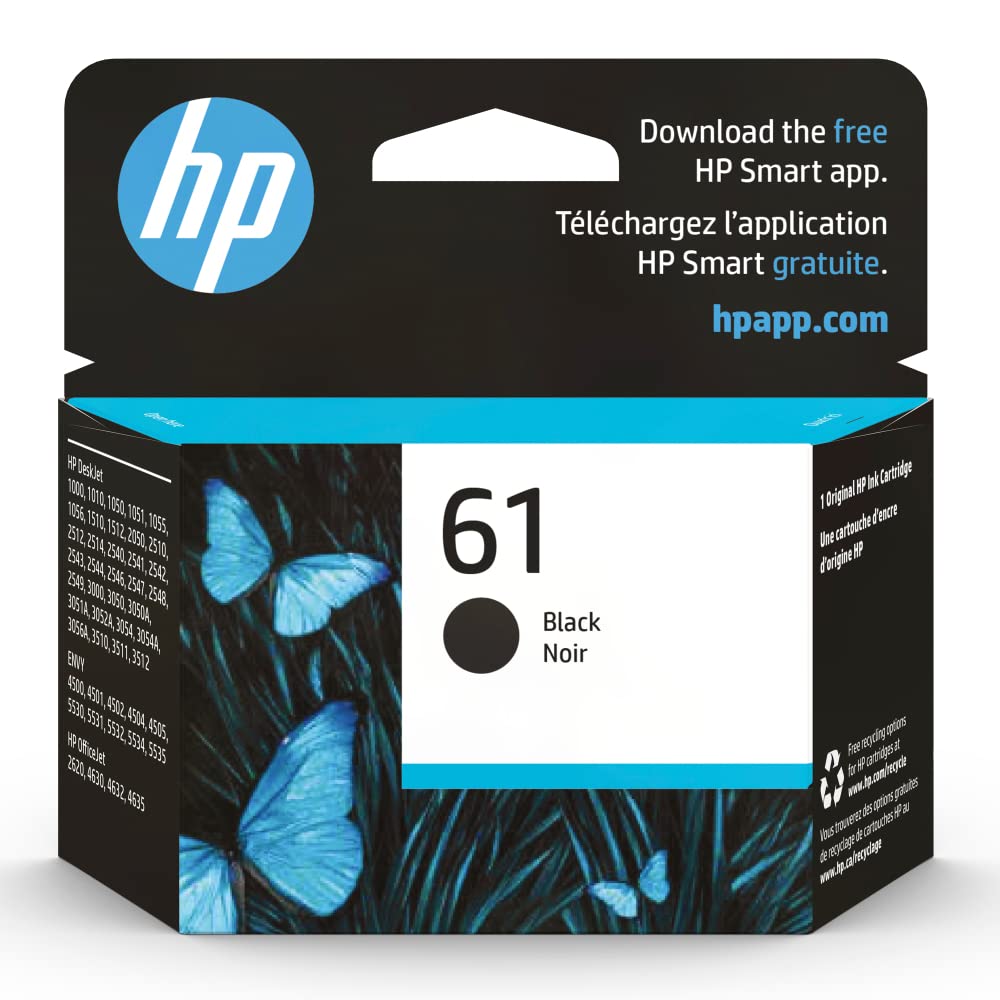 Original HP 61 Black Ink Cartridge | Works with DeskJet 1000, 1010, 1050, 1510, 2050, 2510, 2540, 3000, 3050, 3510; ENVY 4500, 5530; OfficeJet 2620, 4630 Series | Eligible for Instant Ink | CH561WN