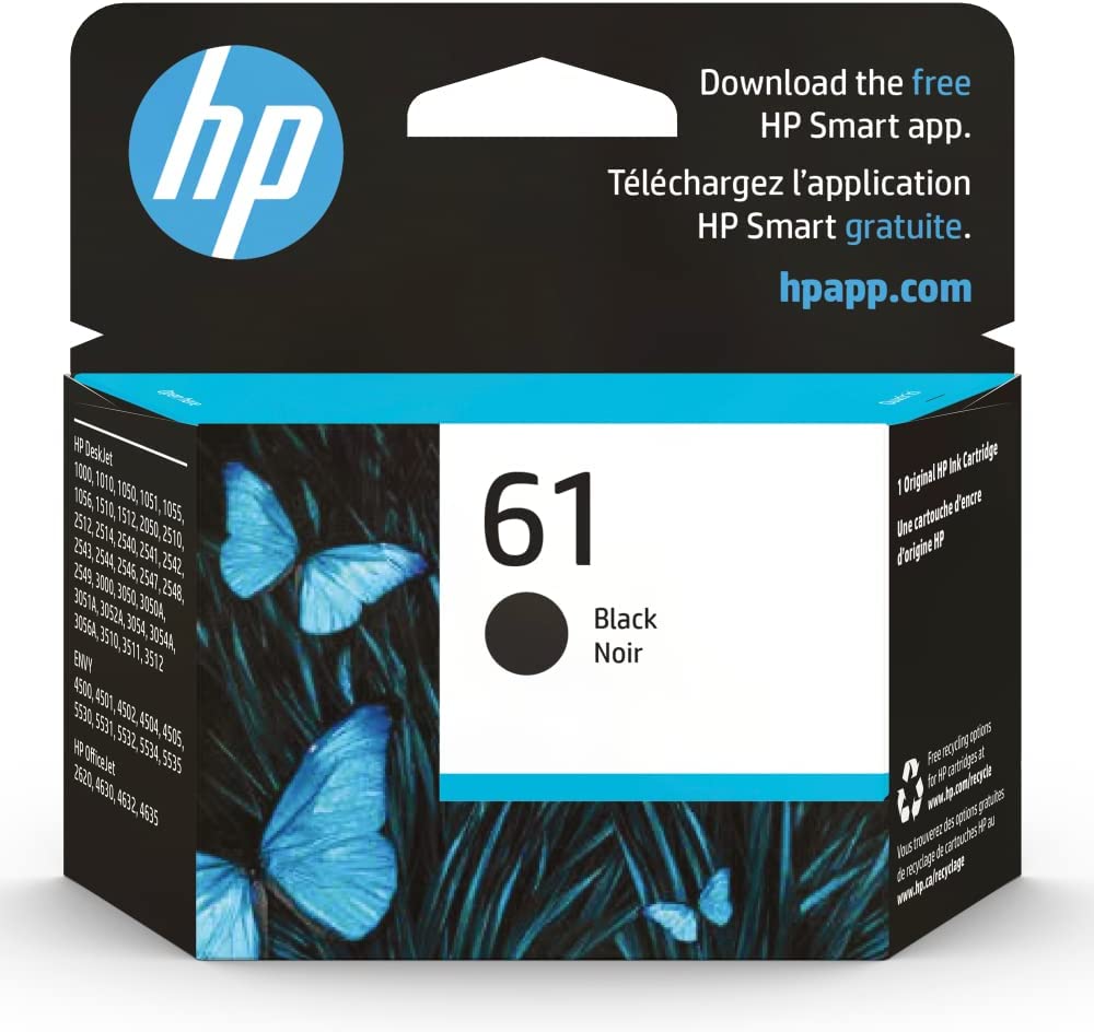 Original HP 61 Black Ink Cartridge | Works with DeskJet 1000, 1010, 1050, 1510, 2050, 2510, 2540, 3000, 3050, 3510; ENVY 4500, 5530; OfficeJet 2620, 4630 Series | Eligible for Instant Ink | CH561WN