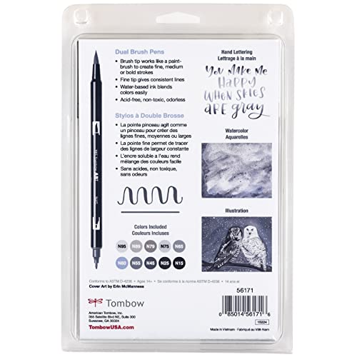 Tombow 56171 Dual Brush Pen Art Markers, Grayscale, 10-Pack. Blendable, Brush and Fine Tip Markers