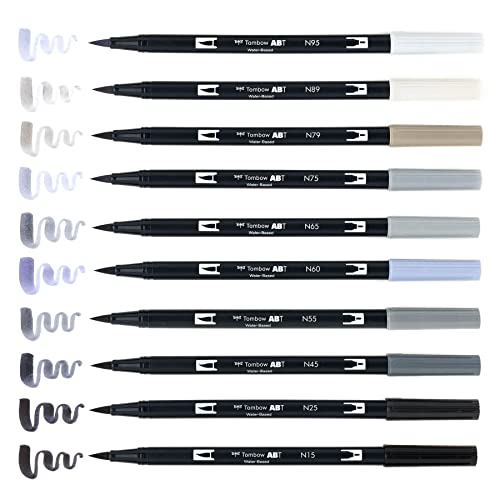 Tombow 56171 Dual Brush Pen Art Markers, Grayscale, 10-Pack. Blendable, Brush and Fine Tip Markers