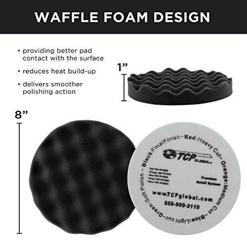 TCP Global 8" Black Waffle Extra Fine Foam Finishing Grip Pad Final Buff Polish Wax - Hook & Loop