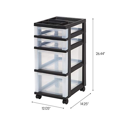 IRIS 4-Drawer Rolling Storage Cart with Organizer Top, Black