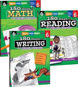 180 days of practice for sixth grade (set of 3) 6th grade workbooks for kids ages 10-12, includes 180 days of reading, 180 days of writing, 180 days of math