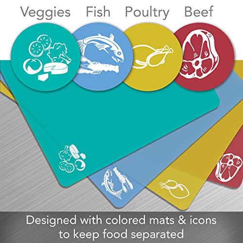 Cut N' Funnel Color Coded Flexible Plastic Cutting Board Mats with Food Icons 4 Pack Made in the USA Flexible, BPA Free, Dishwasher Safe 15" by 11.5"