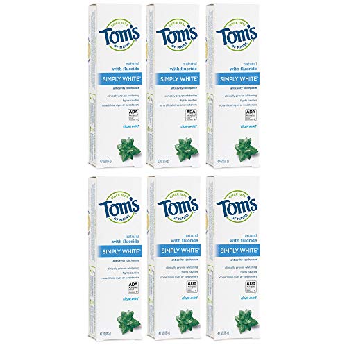 Tom's of Maine Natural Simply White Fluoride Toothpaste, Clean Mint, 4.7 oz. 6-Pack (Packaging May Vary)