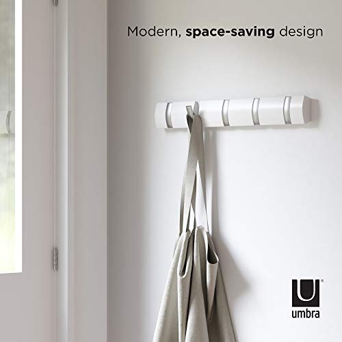 Umbra Flip Wall Mounted Floating Rack – Modern, Sleek, Space-Saving Hanger with Retractable Hooks to Hang Coats, Scarves, Purses and More, 5, White