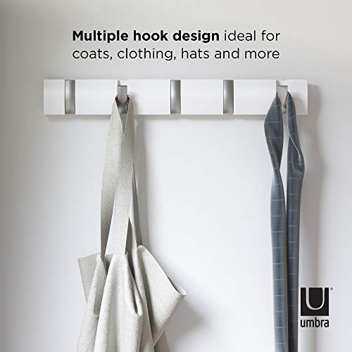 Umbra Flip Wall Mounted Floating Rack – Modern, Sleek, Space-Saving Hanger with Retractable Hooks to Hang Coats, Scarves, Purses and More, 5, White