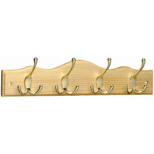 4 Tri-Hook Scalloped Top Rail/Coat Rack, Pine/Brass Plated, Packaging May Vary