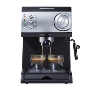 hamilton beach 15 bar espresso machine, cappuccino, mocha, & latte maker, with milk frother, make 2 cups simultaneously, works with pods or ground coffee, 50 oz. water reservoir, black