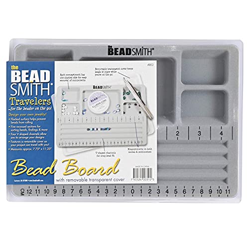 The Beadsmith Mini Bead Board, Grey Flocked, 4 Straight Channels, 5 Recessed Compartments, 7.75 x 11.25 inches, Design Boards for Creating Bracelets, Necklaces and Other Jewelry