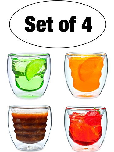 Curva Artisan Series Double Wall Beverage Glasses and Tumblers – Set of 4 Unique 8 oz Thermo Insulated Drinking Glasses