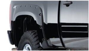 bushwacker pocket/rivet style rear fender flares | 2-piece set, black, smooth finish | 40092-02 | fits 2007-2013 chevrolet silverado 1500 w/ 6.6′ or 8.1′ bed; 2007-2014 silverado 2500 hd, 3500 hd