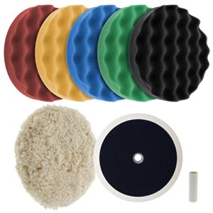 tcp global ultimate 6 pad buffing and polishing kit with 6-8″ pads; 5 waffle foam & 1 wool grip pads and a 5/8″ threaded polisher grip backing plate