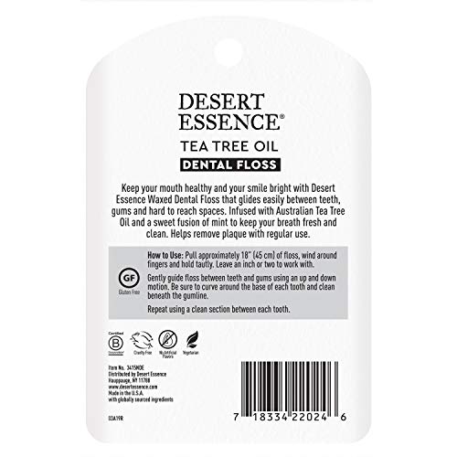 Desert Essence Tea Tree Oil Dental Floss - 50 yards - Naturally Waxed w/Beeswax - Thick Flossing No Shred Tape - On the Go - Removes Food Debris Buildup - Cruelty-free Antiseptic