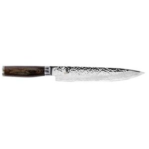 shun tdm0704 cutlery premier slicing 9.5″, hammered tsuchime finish, long, thin blade, allows for cleaner preserve juices and flavor, ideal meat cutting knife, 9-1/2-inch, silver