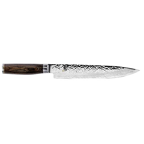 Shun TDM0704 Cutlery Premier Slicing 9.5", Hammered TSUCHIME Finish, Long, Thin Blade, Allows for Cleaner Preserve Juices and Flavor, Ideal Meat Cutting Knife, 9-1/2-Inch, Silver