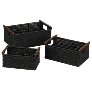 household essentials ml-7052 paper rope wicker storage baskets with wood handles |set of 3 | black stain