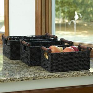 Household Essentials ML-7052 Paper Rope Wicker Storage Baskets with Wood Handles |Set of 3 | Black Stain