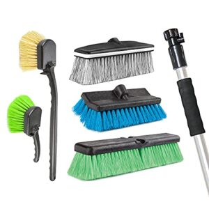 harper 37518600 6-piece car wash brush set with telescoping flow-through handle, (3) brush heads, (1) soft hand brush and (1) stiff hand brush