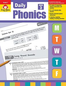 evan-moor daily phonics, grade 3, homeschooling & classroom resource workbook. phonemic awareness, decoding, word-study, teaching editions, reproducible worksheets