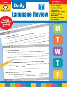 evan-moor daily language review, grade 7 actvities homeschooling & classroom resource workbook, reproducible worksheets, teacher edition, daily practice, skills assessment, grammar, punctuation