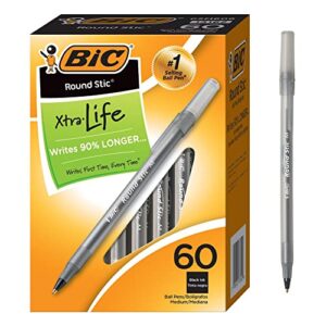 bic round stic xtra life ballpoint pens, medium point (1.0mm), black, 60-count pack, flexible round barrel for writing comfort (gsm609-blk)