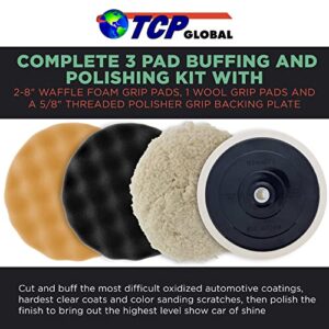 TCP Global Complete 3 Pad Buffing and Polishing Kit with 3-8" Pads; 2 Waffle Foam and 1 Wool Grip Pads and a 5/8" Threaded Polisher Grip Backing Plate