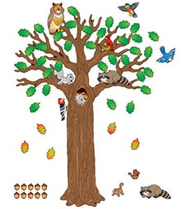 carson dellosa woodland bulletin board set—seasonal tree cutout with forest animals, autumn leaves, acorns, elementary classroom and homeschool decorations (120 pc)