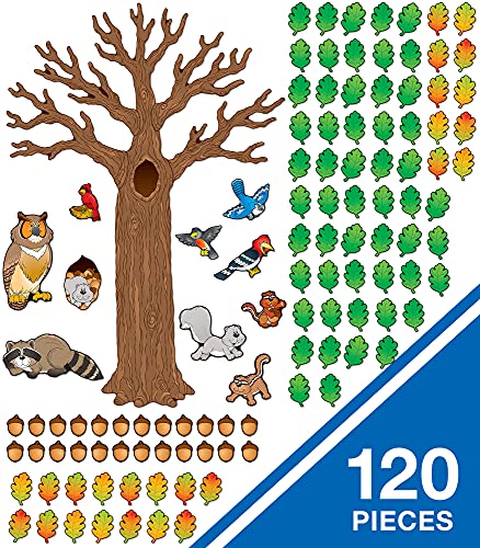 Carson Dellosa Woodland Bulletin Board Set—Seasonal Tree Cutout With Forest Animals, Autumn Leaves, Acorns, Elementary Classroom and Homeschool Decorations (120 pc)