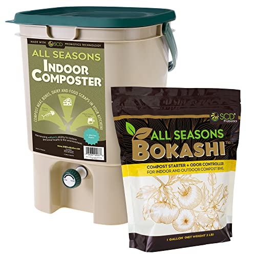 All Seasons Indoor Composter Starter Kit – 5 Gallon Tan Compost Bin For Kitchen Countertop With Lid, Spigot & 1 Gallon (2 lbs.) Bag Of Dry Bokashi Bran – by SCD Probiotics