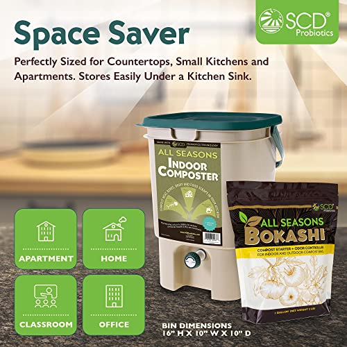 All Seasons Indoor Composter Starter Kit – 5 Gallon Tan Compost Bin For Kitchen Countertop With Lid, Spigot & 1 Gallon (2 lbs.) Bag Of Dry Bokashi Bran – by SCD Probiotics