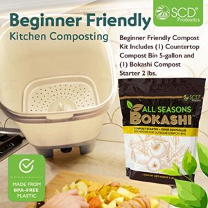 All Seasons Indoor Composter Starter Kit – 5 Gallon Tan Compost Bin For Kitchen Countertop With Lid, Spigot & 1 Gallon (2 lbs.) Bag Of Dry Bokashi Bran – by SCD Probiotics