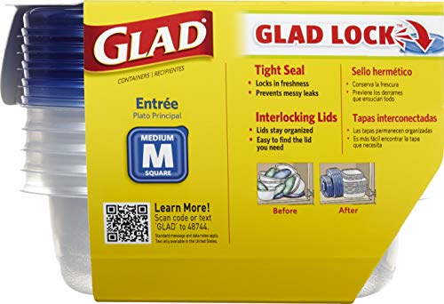 Glad Medium Square Food Storage Containers for Everyday Use | Medium Square Food Storage Containers Hold up to 25 Ounces of Food (25 Oz) |5 Count, Standard Food Containers