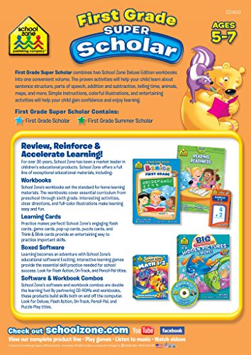 School Zone - First Grade Super Scholar Workbook - 128 Pages, Ages 5 to 7, 1st Grade, Alphabetizing, Phonics, Rhyming, Sentence Structure, and More